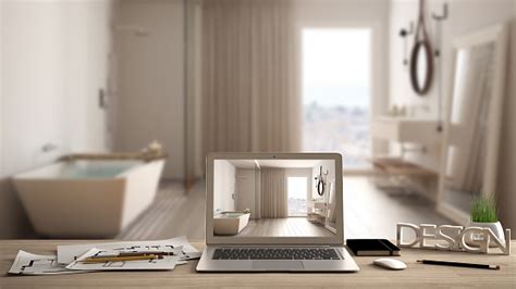 건축가 디자이너 데스크톱 개념 인테리어 디자인 프로젝트를 보여주는 화면으로 나무 책상에 노트북 흐리게 배경 스파 욕실 아이디어 서식 파일에서 초안 컴퓨터 모니터에 대한 스톡