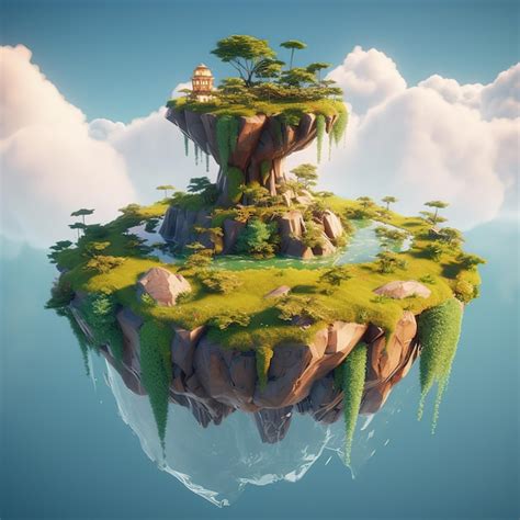 푸른 하늘에 푸른 잔디가 있는 3d 환상의 떠다니는 섬 나무가 있는 초현실적인 플로트 록 산 프리미엄 사진