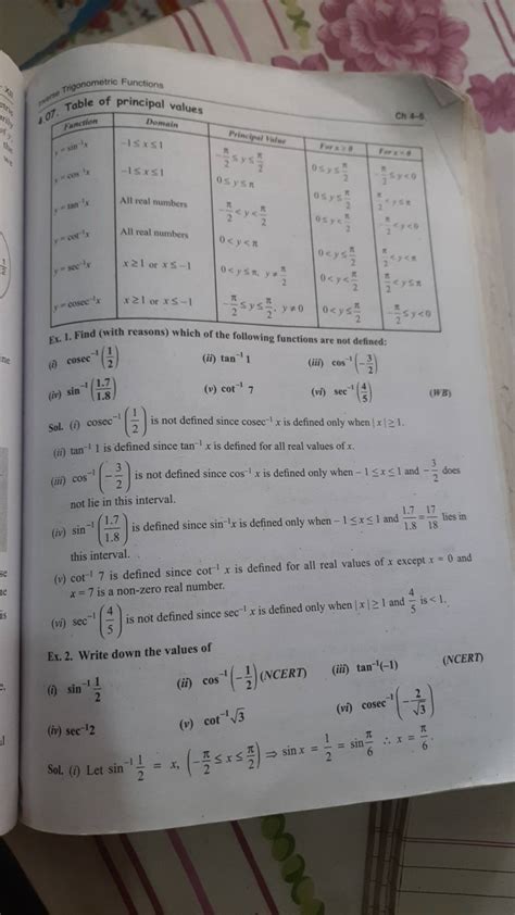 Trigonometric Functions 1 7 Table Of Principal Values Pranctiondomainpri