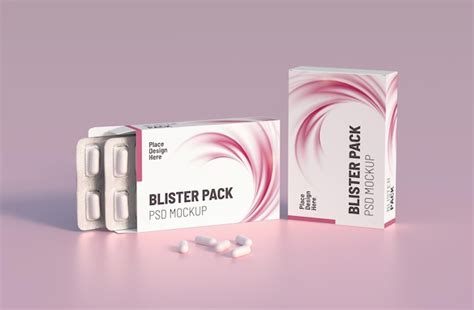 포장 상자 3d 렌더에 흰색 알약 캡슐이 있는 두 개의 물집이 있는 모형 템플릿 프리미엄 Psd 파일