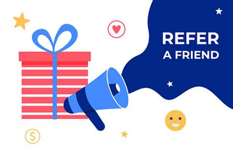 친구 개념을 참조하십시오 선물 상자 메가폰 및 레터링 추천 및 로열티 프로그램 가공의 인물에 대한 스톡 벡터 아트 및 기타