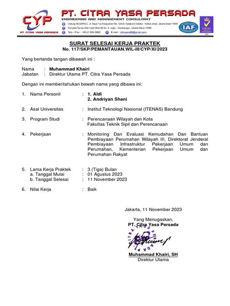 Surat Selesai Kp Pt Cyp Pdf