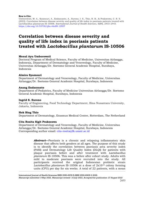 Pdf Correlation Between Disease Severity And Quality Of Life Index In