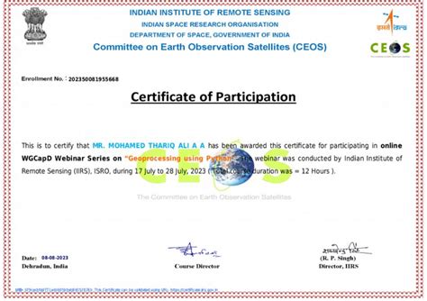 Mohamed Thariq Ali On Linkedin Certificationachievement Isro Geoprocessing Pythondevelopment