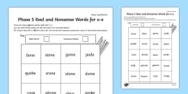 Phase 5 'o_e' Split Digraph Flashcards Real and Nonsense Words