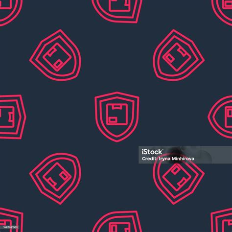 검은 색 배경에 쉴드 아이콘 격리 된 원활한 패턴과 레드 라인 배달 보안 배달 보험 방패 너머에 있는 골판지 상자 벡터 고급에