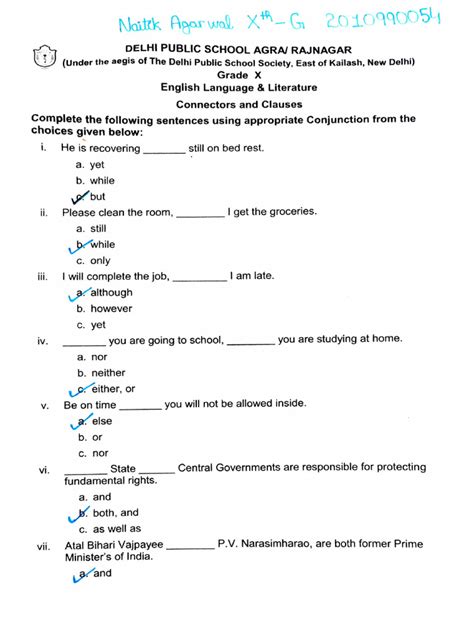 Naitik Agarwal X G English Connectors And Clauses Pdf