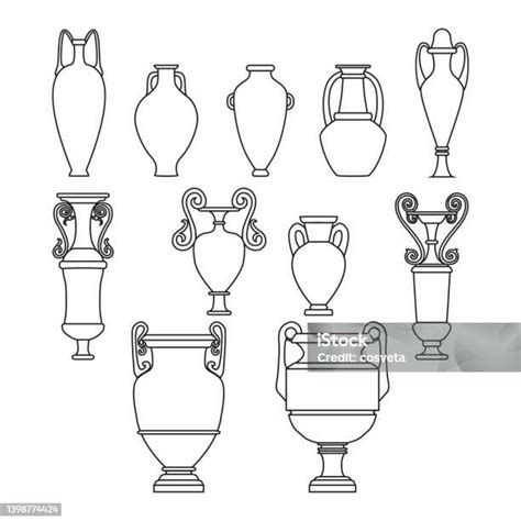 세라믹 화병의 개요 세트 스케치 키가 큰 고대 그리스 두 개의 손잡이와 좁은 목이있는 로마 항아리 라인 아트 빈티지 세라믹 암포라 도자기 흰색 배경 벡터 일러스트레이션에