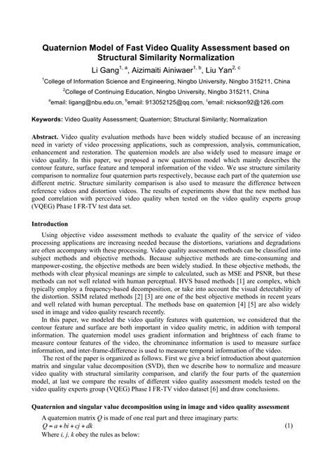 Pdf Quaternion Model Of Fast Video Quality Assessment Based On