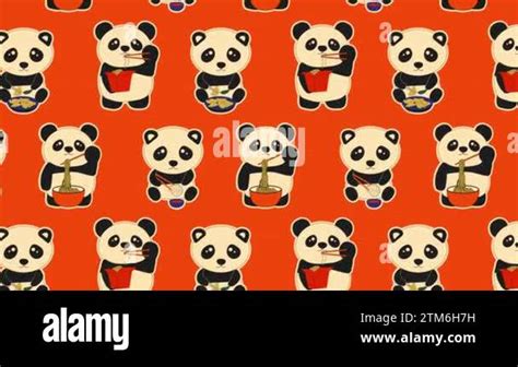 Cute Pandas Eating Dim Sum Doodle Loop Background Video Flat Cartoon