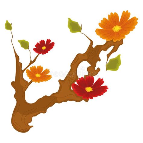 Colored Sketch Of A Tree Trunk With Flowers Vector Stock Illustration
