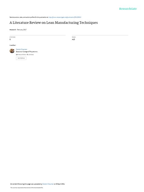 A Literature Review On Lean Manufacturing Techniques Pdf Lean Manufacturing Production