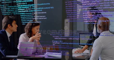 Image Of Data Processing Over Diverse Colleagues Discussing Work In