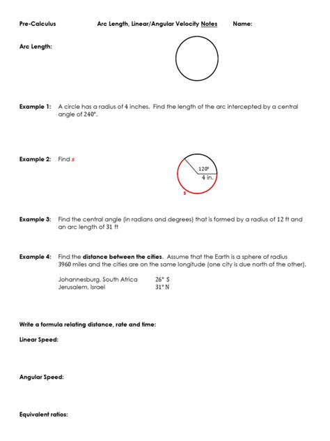 Linear And Angular Speed Notes And Hw Worksheet Pdf Angle Circle