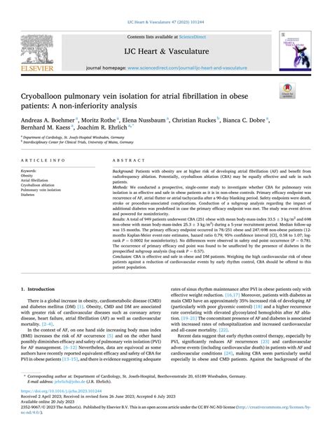 Pdf Cryoballoon Pulmonary Vein Isolation For Atrial Fibrillation In Obese Patients A Non