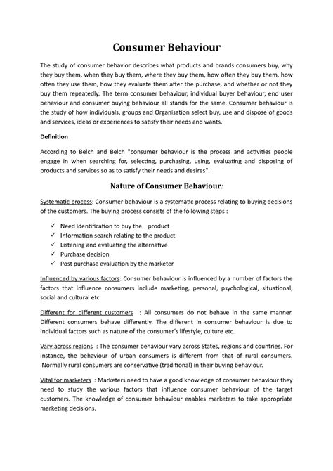 Unit Notes Consumer Behaviour The Study Of Consumer Behavior Describes What Products And