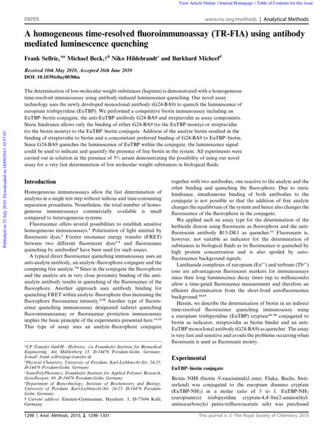 Pdf A Homogeneous Time Resolved Fluoroimmunoassay Tr Fia Using Antibody Mediated