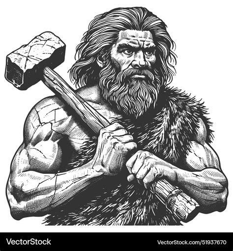 Cave Prehistoric Man With Stone Hammer Royalty Free Vector