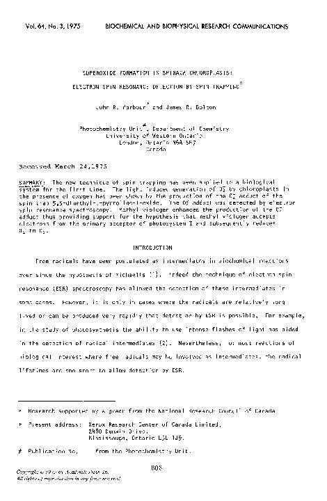Pdf Superoxide Formation In Spinach Chloroplasts Electron Spin Resonance Detection By Spin