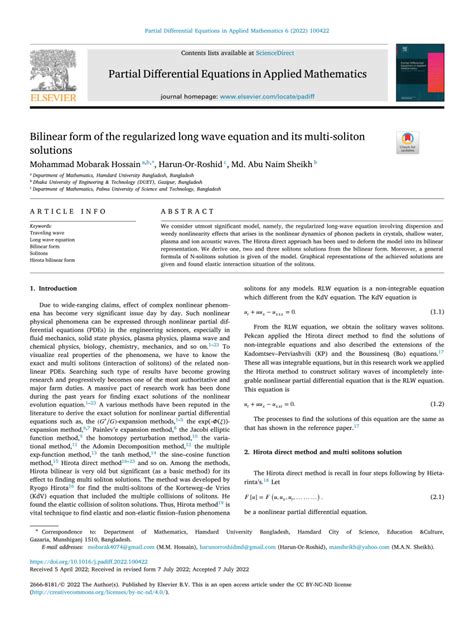PDF Bilinear Form Of The Regularized Long Wave Equation And Its Multi Soliton Solutions