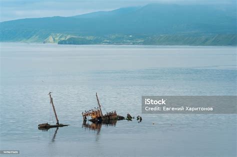 안개가 자욱한 산을 배경으로 한 바다 베이를 배경으로 침몰 한 배 0명에 대한 스톡 사진 및 기타 이미지 0명 가라앉은 가마우지 Istock