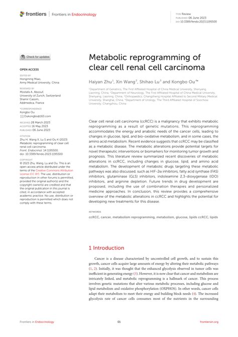 PDF Metabolic Reprogramming Of Clear Cell Renal Cell Carcinoma
