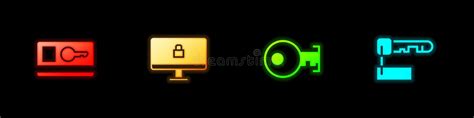 Set Key Card Lock On Computer Monitor And Marked Key Icon Vector Stock Vector Illustration