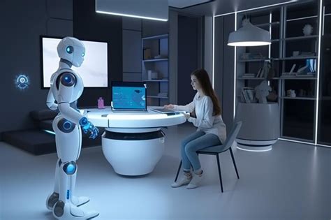 Premium Photo A Woman In A Room With A Robot Standing Next To A Computer