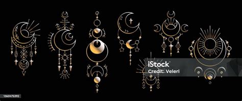 초승달 별 태양이 있는 금 난해한 상징 세트 고급 윤곽 공간 신성한 장식 벡터 풍부한 윤곽 마법 요소 미스터리에 대한 스톡 벡터 아트 및 기타 이미지 Istock