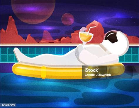 우주인 화성 인은 휴가에 우주 복에 음료와 함께 수영장에서 Lounging 우주 비행사에 대한 스톡 벡터 아트 및 기타 이미지