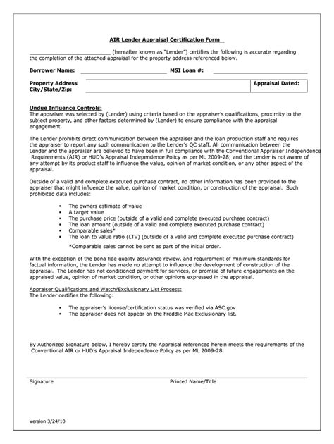 Air Lender Appraisal Certification Form 2010 Fill And Sign Printable