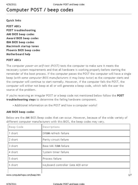 Computer Post And Beep Codes Bios Random Access Memory