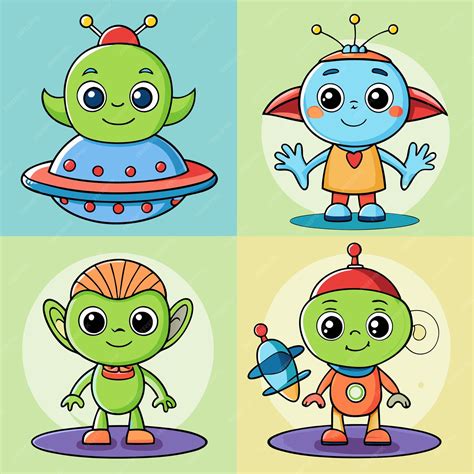 Four Cute Cartoon Aliens In Different Styles Including One Flying In A
