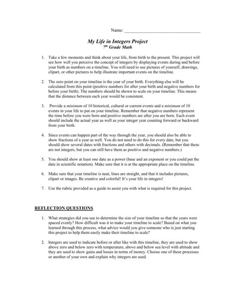 My Life In Integers Project 7th Grade Math Timeline My Life In Integers Project 7th Grade Math Timeline