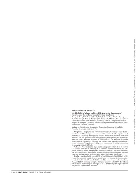 Pdf 200 The Utility Of A Rapid Multiplex Pcr Assay In The Management Of Staphylococcus Aureus