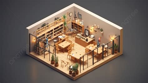 아이소메트릭 뷰와 열린 공간을 갖춘 카페 매장 내부 건축의 3d 렌더링 레스토랑 인테리어 아이소메트릭 인테리어 카페