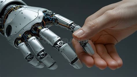 Human And Robotic Hands Connecting In A Futuristic Interaction Stock