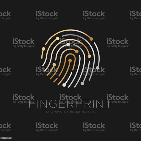 지문 스캔 로고 아이콘 대시 선 디자인 그림 금색과 은색 지문 텍스트와 검은 배경에 절연 및 공간 복사 Eps10 벡터 로고에 대한 스톡 벡터 아트 및 기타 이미지 Istock
