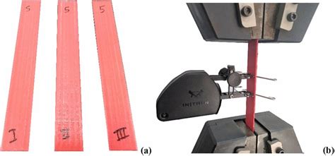 Printed Pla Specimens A And Tensile Testing With Extensometer B Download Scientific Diagram