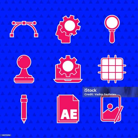 랩톱 및 기어 Ae 파일 문서 그래픽 태블릿 그리드 그래프 용지 지우개 스탬프 돋보기 및 베지어 곡선 아이콘이 있는 연필을