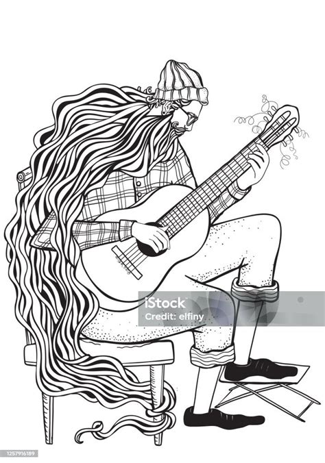 기타 플레이어 클래식 기타와 남자 성인과 어린이를위한 음악 색칠 공부 책 페이지 흑백 벡터 A4 사이즈 가수에 대한 스톡 벡터