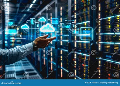 Person Using Holographic Cloud Interface In High Tech Data Center Stock