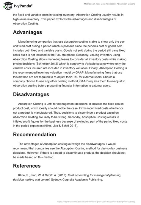 Methods Of Joint Cost Allocation Absorption Costing 597 Words Essay Example