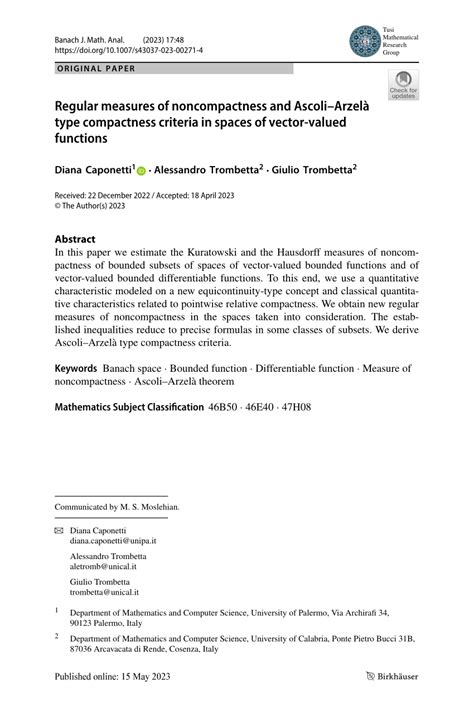 Pdf Regular Measures Of Noncompactness And Ascoliarzelà Type Compactness Criteria In Spaces