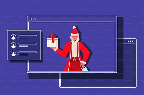 선물 상자 새해 크리스마스 휴일 축하 코로나바이러스 격리 온라인 통신 개념 초상화 수평 벡터 일러스트레이션을 들고 있는 웹 브라우저 창에서 산타 여자 사진