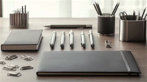 Set Of Matching Branded Items Including A Notebook Pen And Mousepad All Placed On A Dark