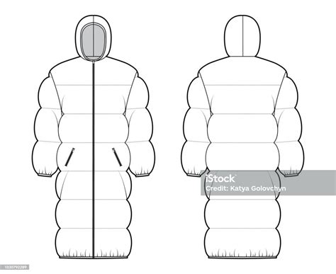 후드 칼라 지퍼 업 클로저 무릎 길이 와이드 퀼팅이있는 다운 퍼퍼 코트 재킷 기술 패션 일러스트레이션 0명에 대한 스톡 벡터 아트 및 기타 이미지 Istock