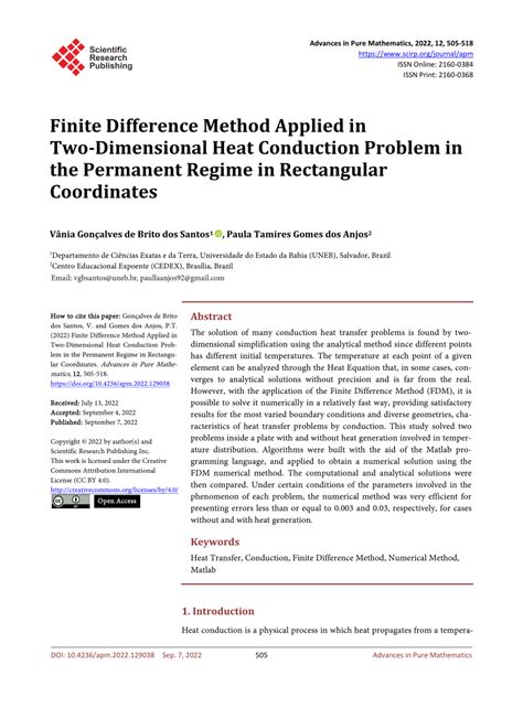 Pdf Finite Difference Method Applied In Two Dimensional Heat Conduction Problem In The