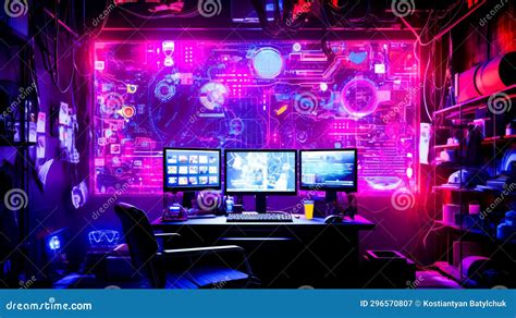 Computer Desk With Two Monitors And Keyboard In Front Of Colorful Background Generative Ai
