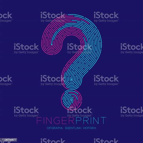 물음표 기호 패턴 지문 스캔 로고 아이콘 대시 라인 의심 개념 편집 가능한 스트로크 그림 블루와 지문 텍스트와 공간 파란색 배경에 고립 벡터 Eps10 누른 자국에 대한